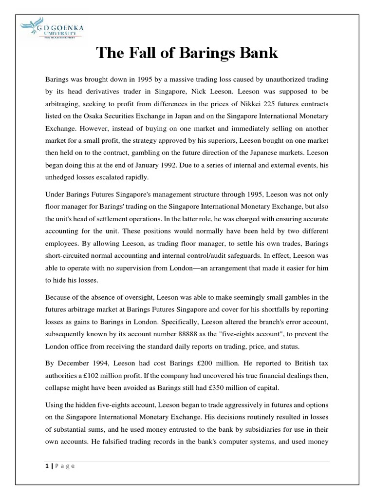 The Fall of Barings Bank PDF | PDF | Corporate Law | Financial Services