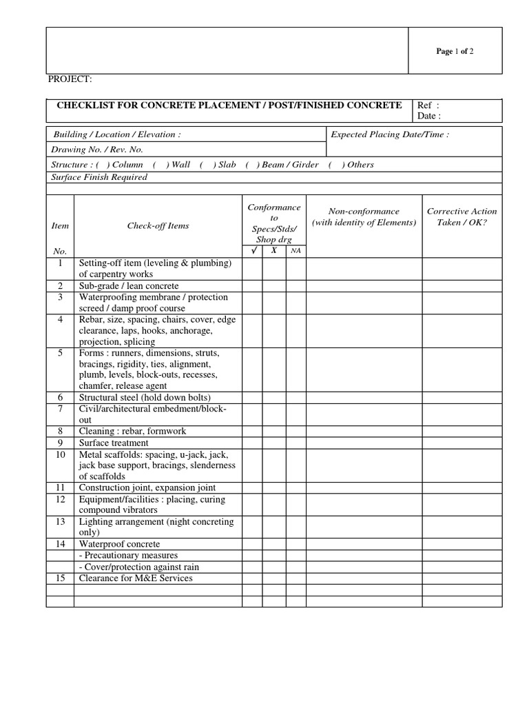 Checklist for Concrete Placement | PDF | Concrete | Architectural Elements
