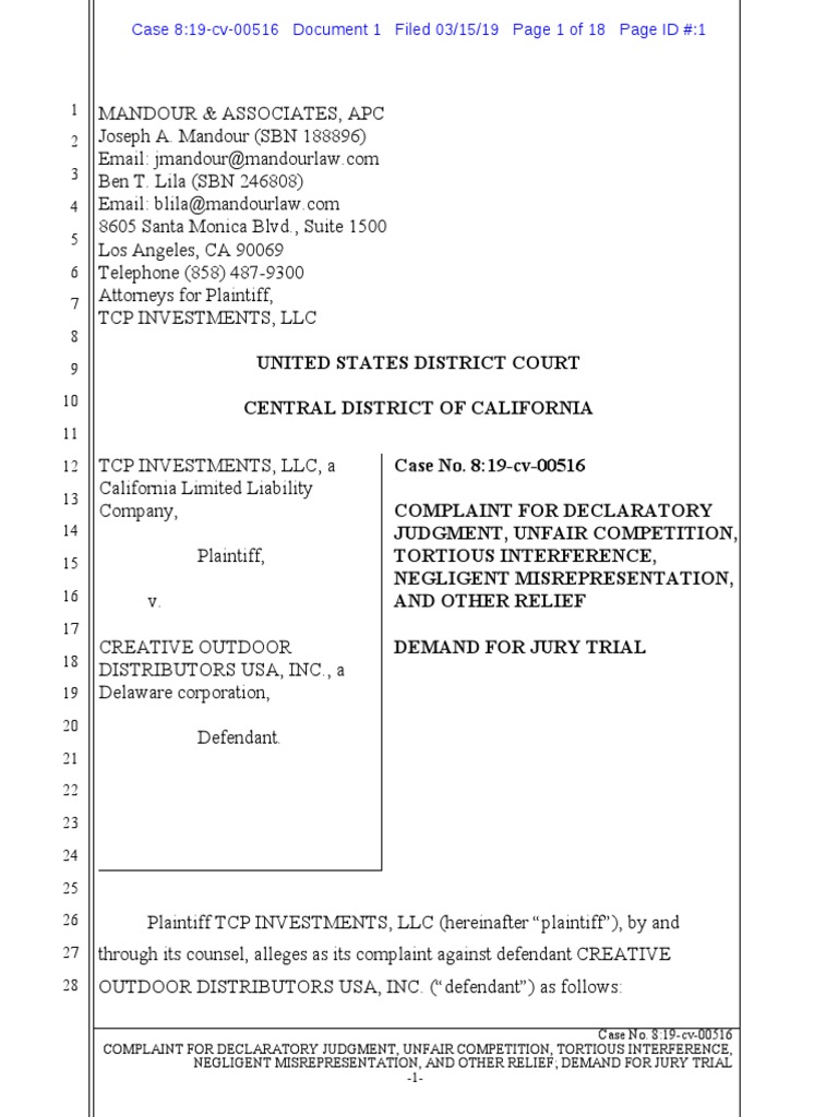 TCP Investments v. Creative Outdoor Distribs. - Complaint | PDF | Tortious Interference | Complaint