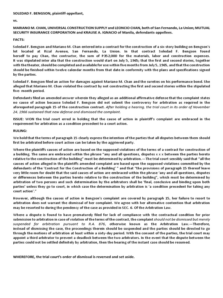 Adr Case Digest Soledad F Bengson | PDF | Arbitration | Complaint