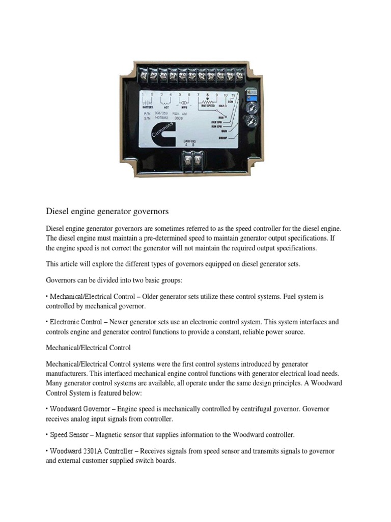 Diesel Engine Generator Governors | PDF | Electric Generator | Control ...