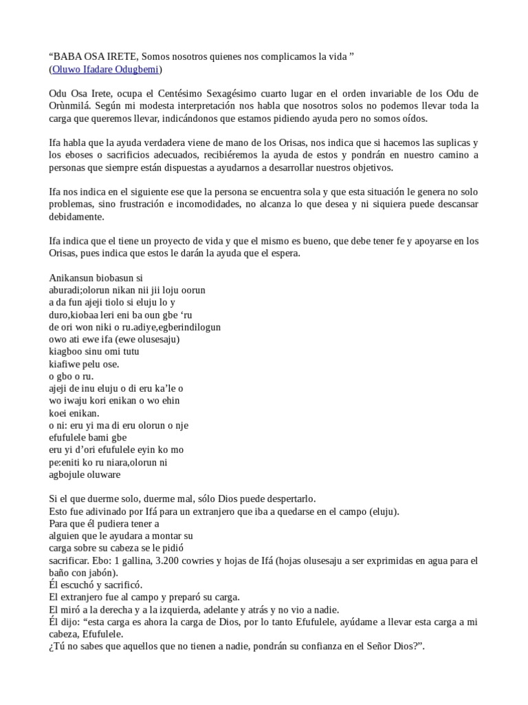 Osa Irete: Ayuda y Sacrificio en Ifá | PDF | Religión étnica | Santeria