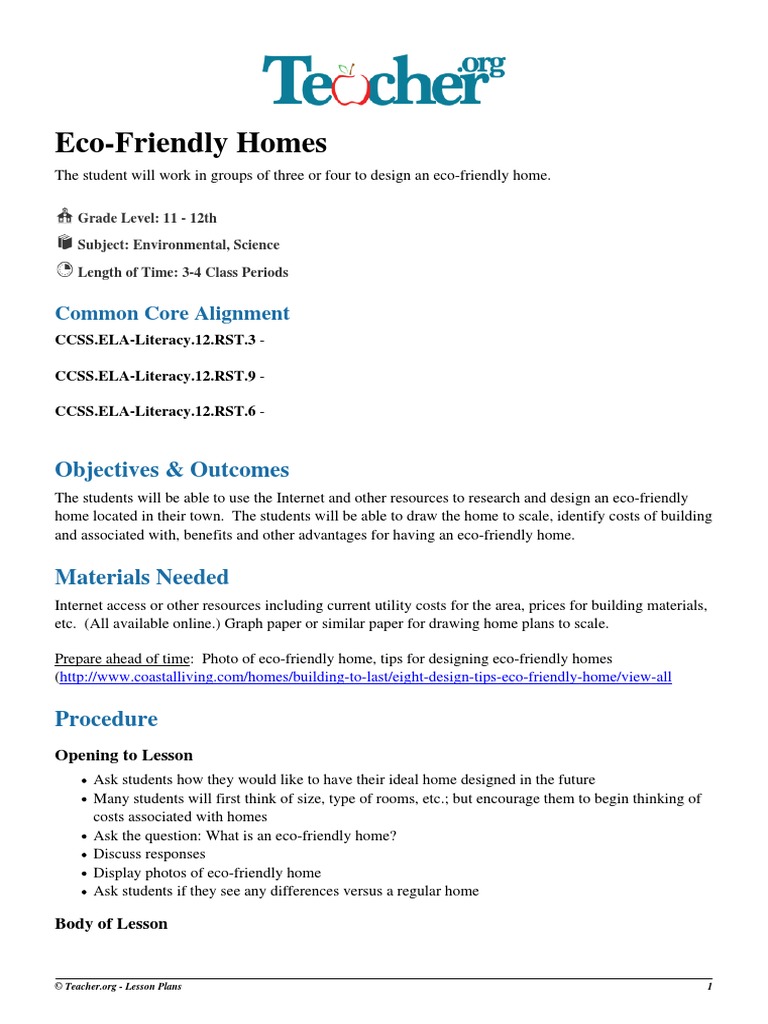 Eco-Friendly Homes: Objectives & Outcomes | PDF | Lesson Plan | Rubric ...