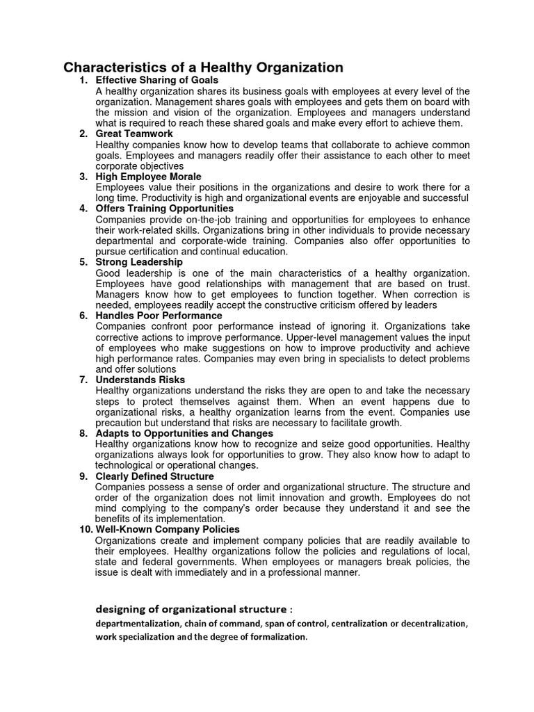 Characteristics of A Healthy Organization | PDF | Primary Care | Goal