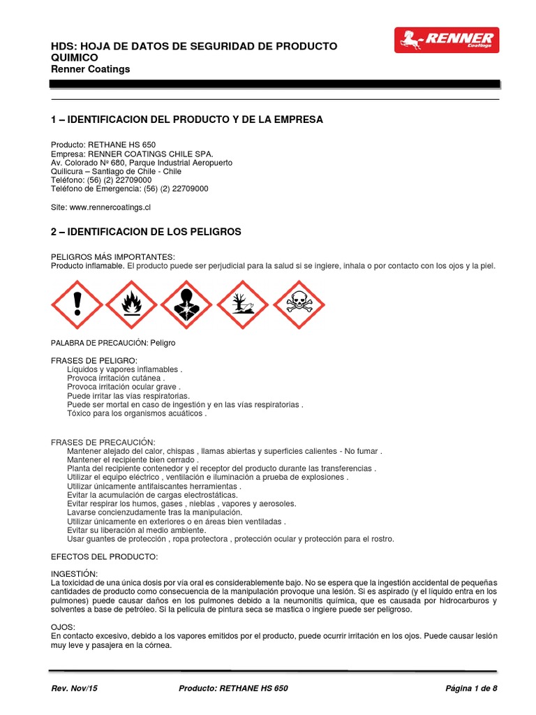 HDS - HOJA DE DATOS DE SEGURIDAD DE PRODUCTO QUIMICO Renner Coatings PDF | Toxicidad | Agua