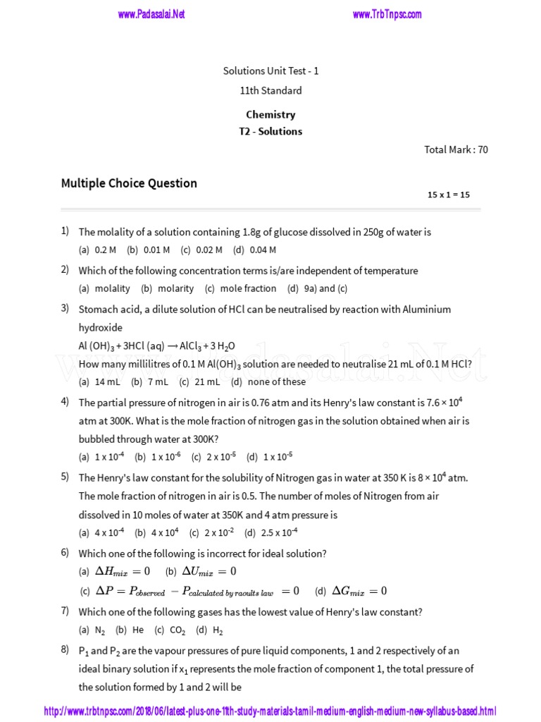 11th Chemistry Solution Study Material English Medium | PDF | Solution ...