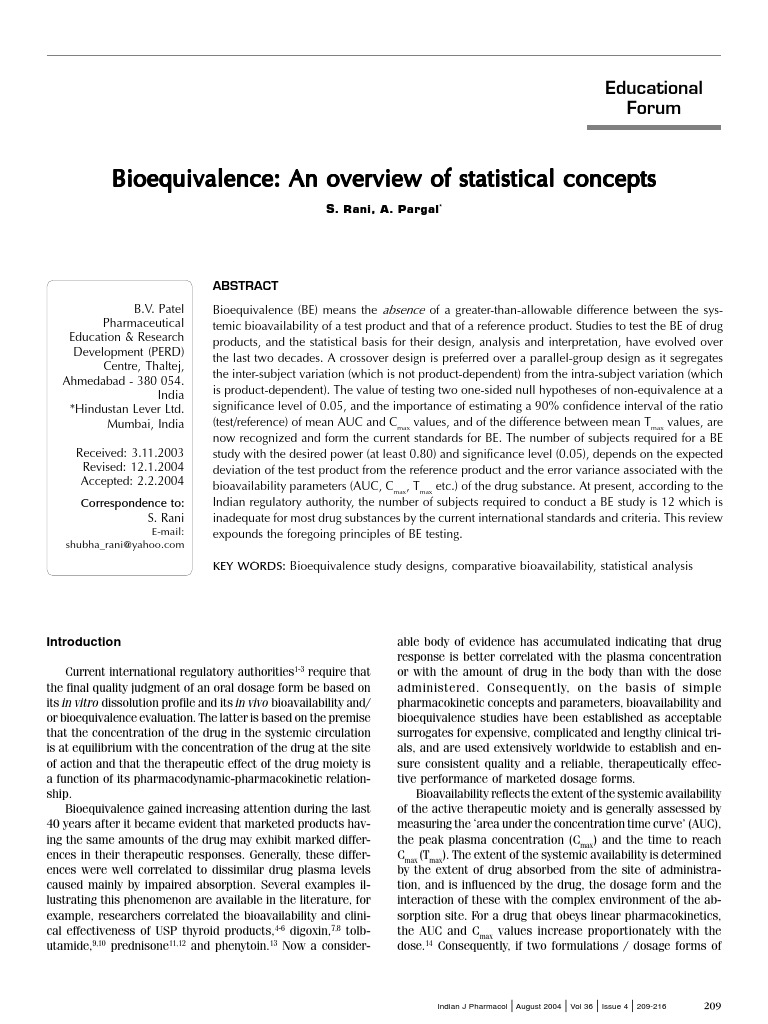 Bioequivalence: Statistical Overview | PDF | Bioavailability ...