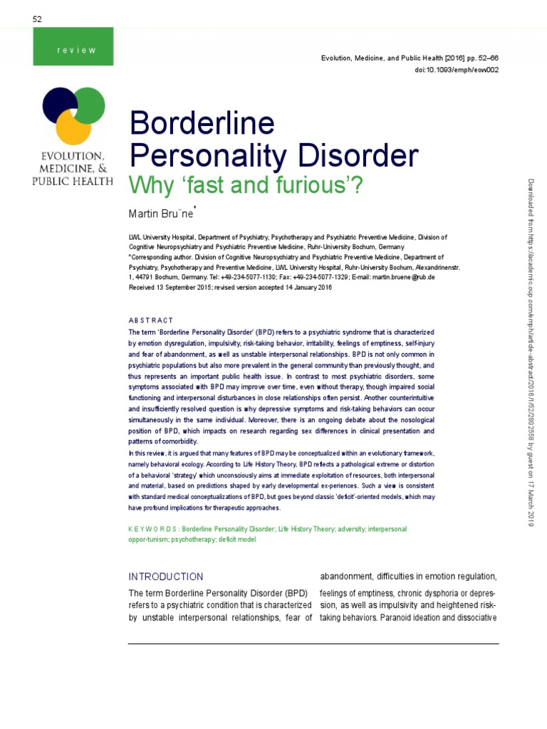 An Evolutionary Perspective on Borderline Personality Disorder ...