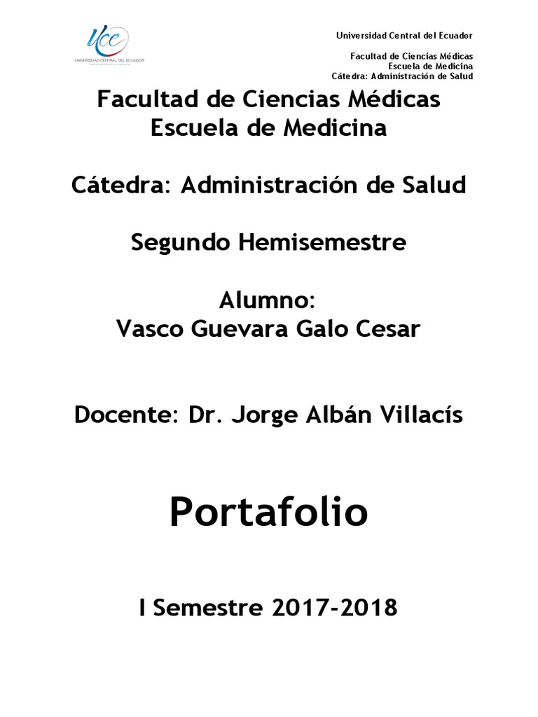 Carátula PORTAFOLIO Administración de Salud UCE Dr. Jorge Albán V | PDF