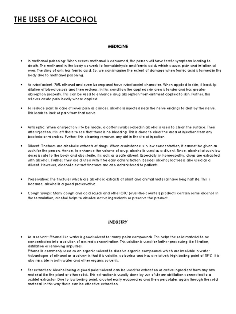 The Uses of Alcohol: Medicine | PDF | Ethanol | Ion