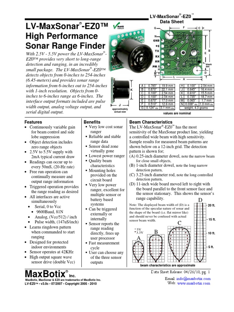 LV MaxSonar EZ0 Datasheet | PDF | Calibration | Sonar