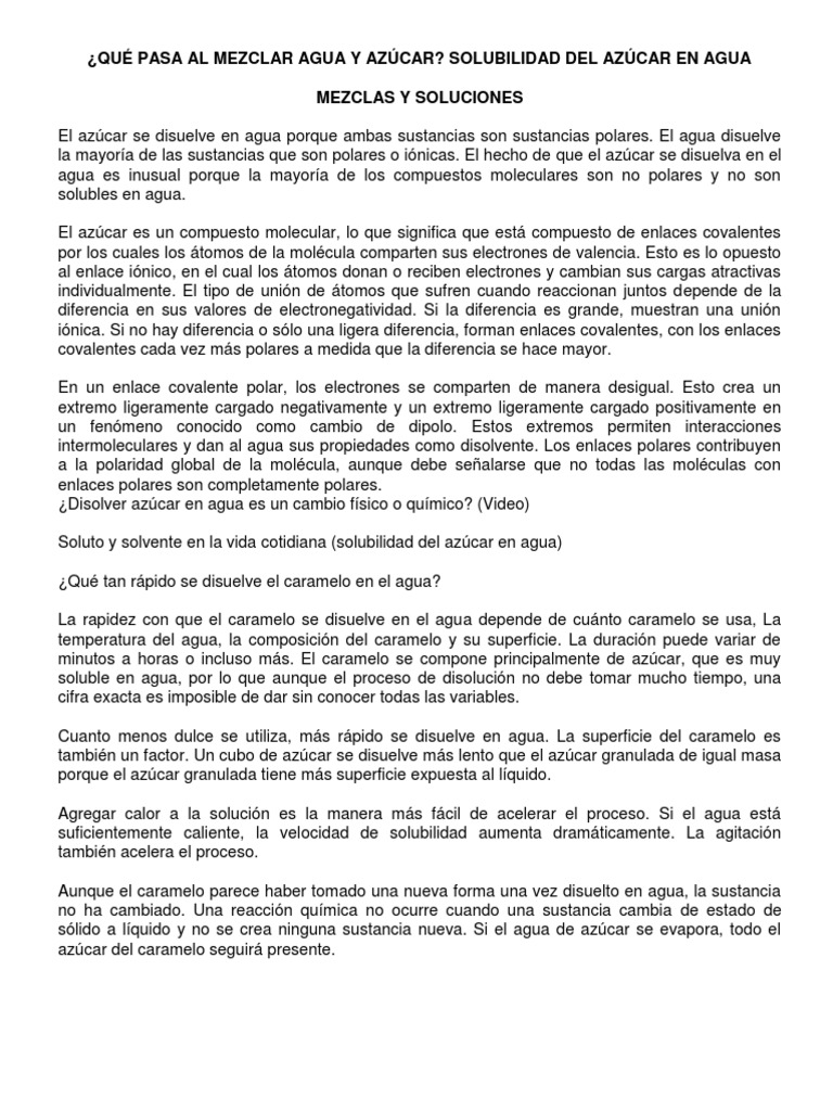 Solubilidad del azúcar en agua | PDF | Polaridad química | Enlace químico