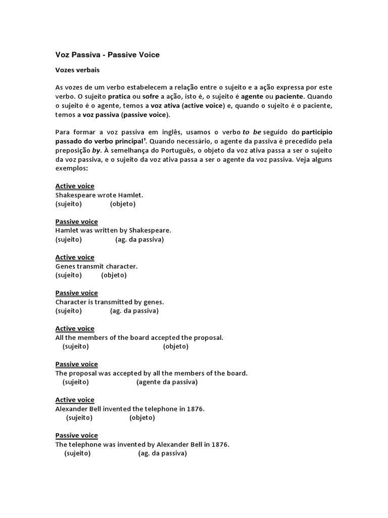 Voz Passiva - Como Formar e Exemplos | PDF | Assunto (gramática ...