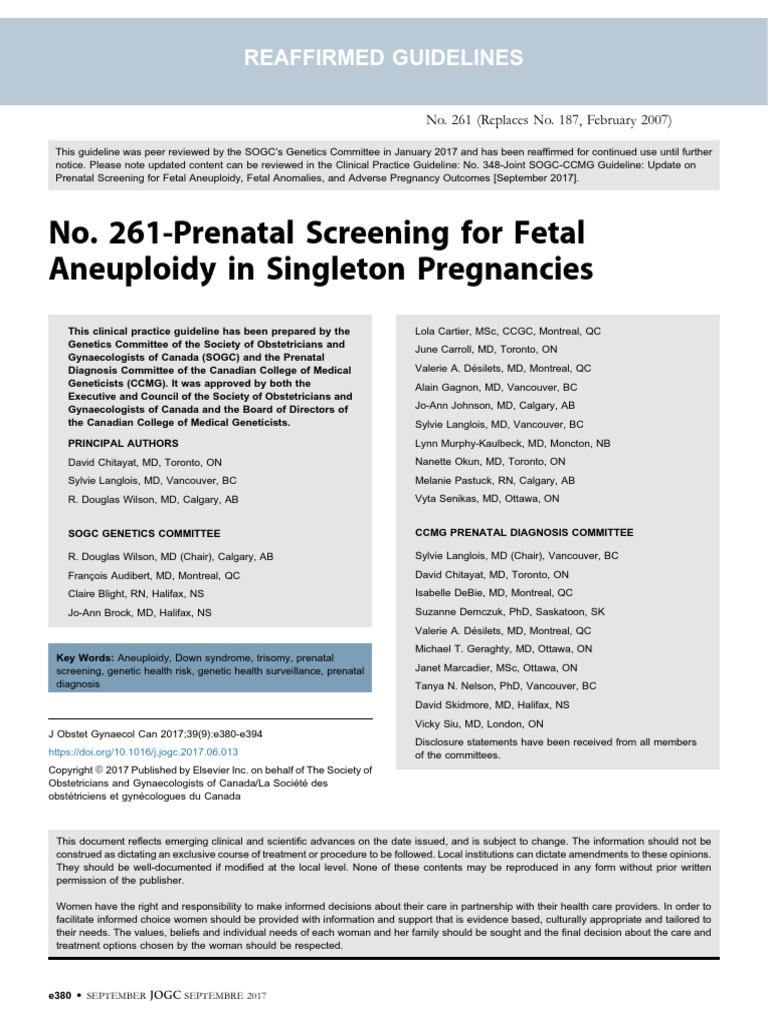 No. 261-Prenatal Screening For Fetal Aneuploidy in Singleton ...