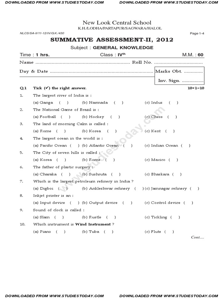 CBSE Class 4 GK Question Paper 1 | Download Free PDF | Leisure | Nature