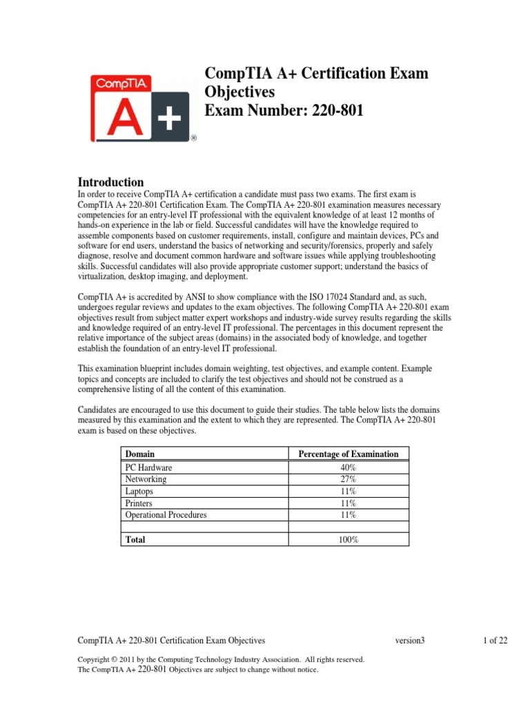 Comptia A+ Certification Exam Objectives Exam Number: 220-801 | PDF ...