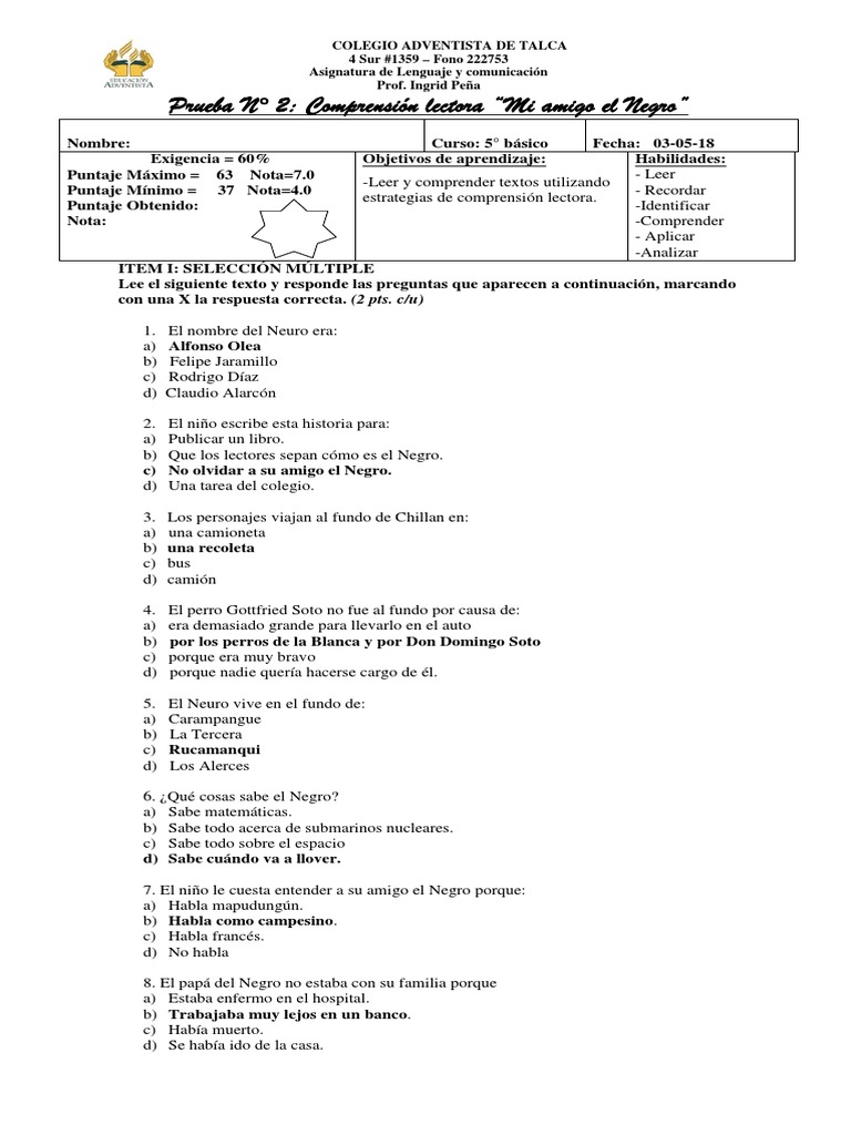 Prueba de Comprensión: "Mi amigo el Negro" | PDF | Idiomas