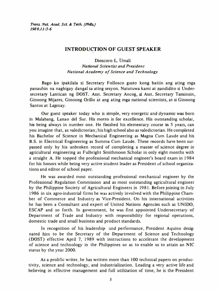 Introduction of Guest Speaker 1989 PDF | PDF | Science | Academia