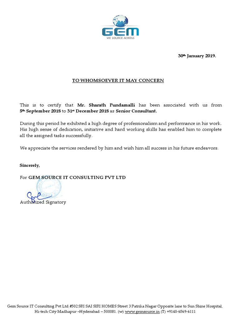 Experience Certificate for Sharath Pundamalli | PDF