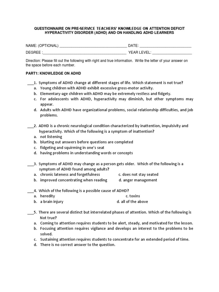Questionnaire On Pre-Service Teachers | PDF | Attention Deficit ...