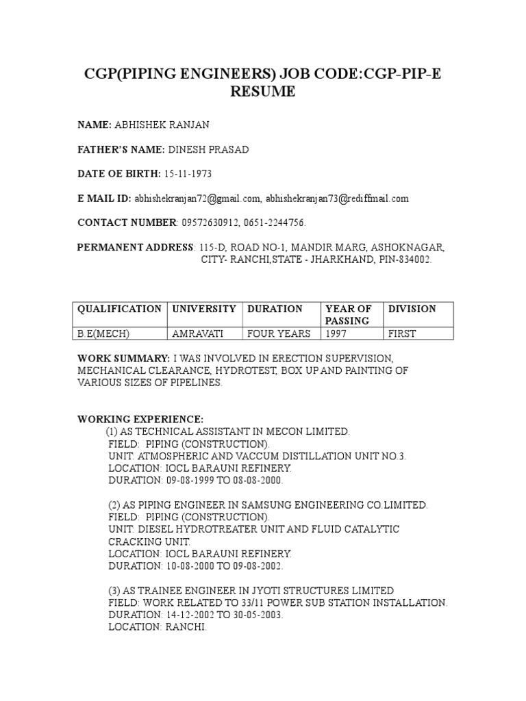 (Resume Jindal) 3 | PDF | Chemical Process Engineering | Nature