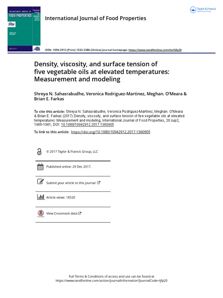 Density Viscosity and Surface Tension of Five Vegetable Oils at ...