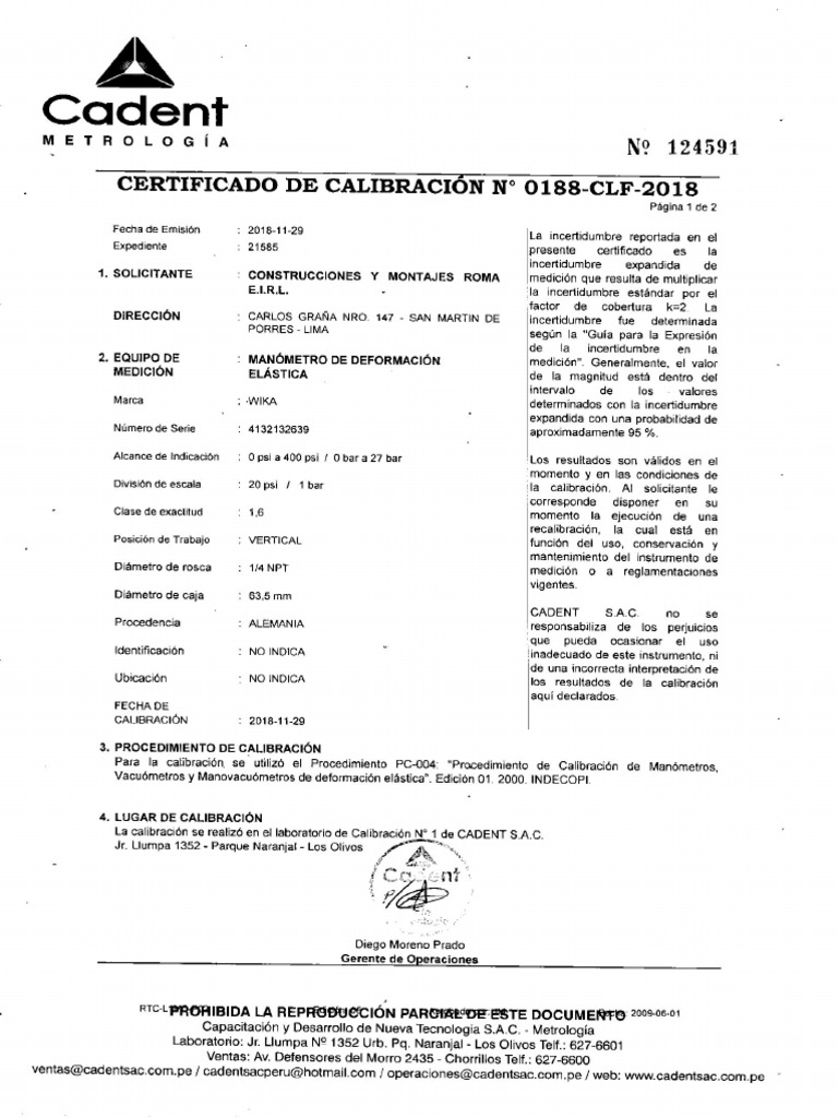 certificado de calibración de manómetros