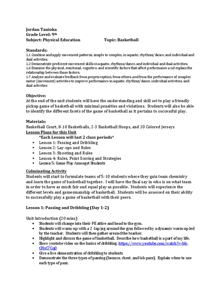 9th Grade Basketball PE Unit Plan | PDF | Cognitive Science ...