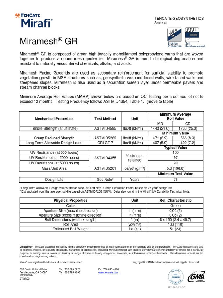 Miramesh GR: Mechanical Properties Test Method Unit Minimum Average ...