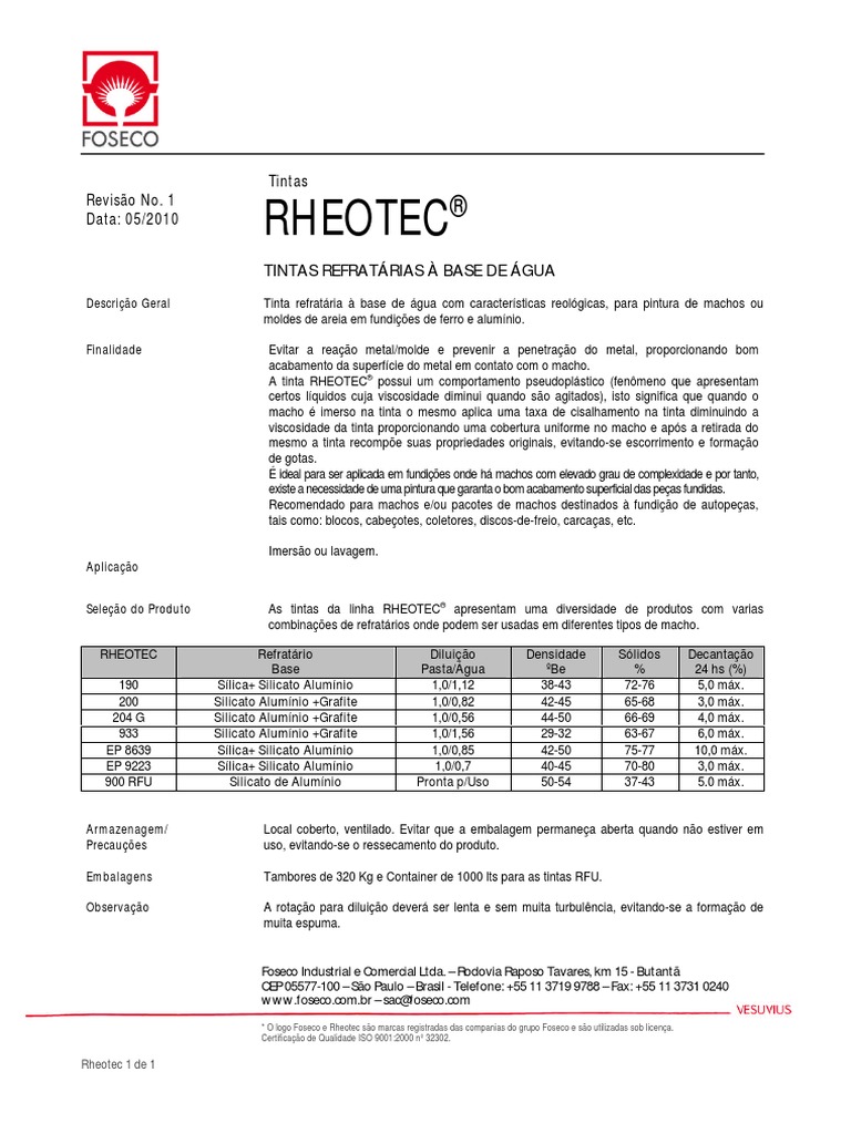 Catalogo Foseco Rheotec | PDF | Fundição (metalurgia) | Tinta