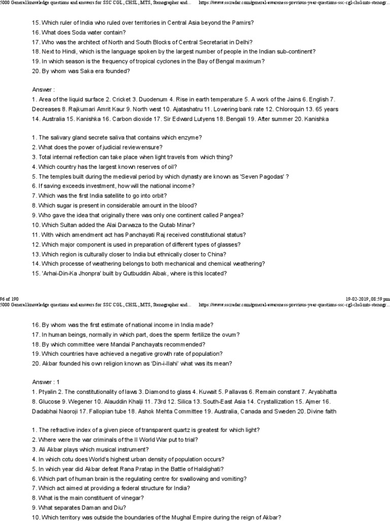 5000 General Knowledge Questions PDF Download For SSC CGL CHSL MTS ...