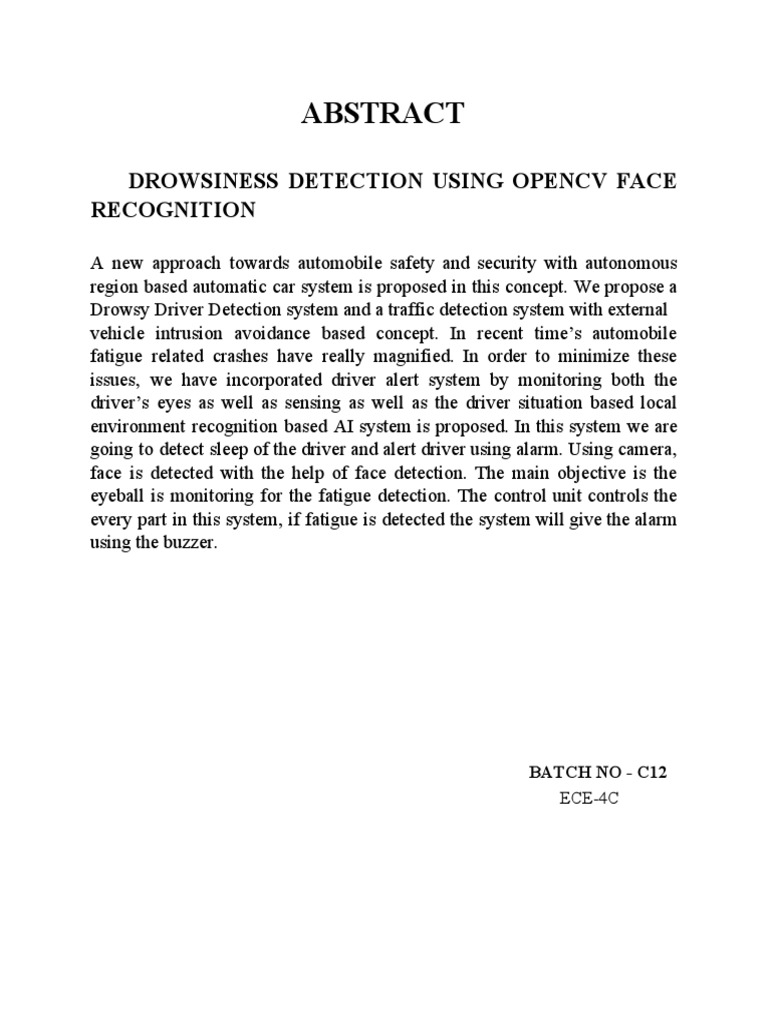 Abstract: Drowsiness Detection Using Opencv Face Recognition | PDF