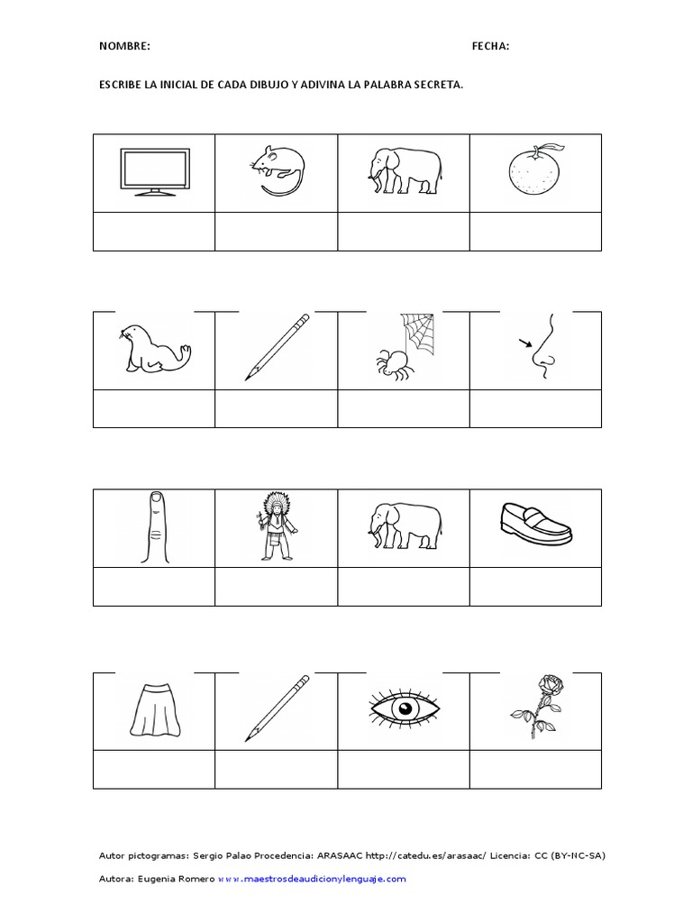 Escribe La Inicial de Cada Dibujo y Adivina La Palabra Secreta | PDF ...