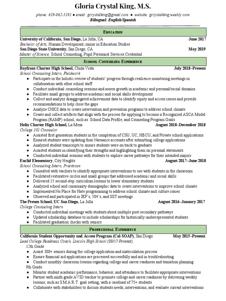 Gloria Crystal King Resume | PDF | School Counselor | Academia