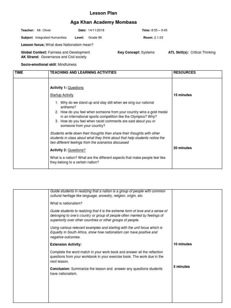 Nationalism Lesson Plan | PDF | Nationalism | Lesson Plan