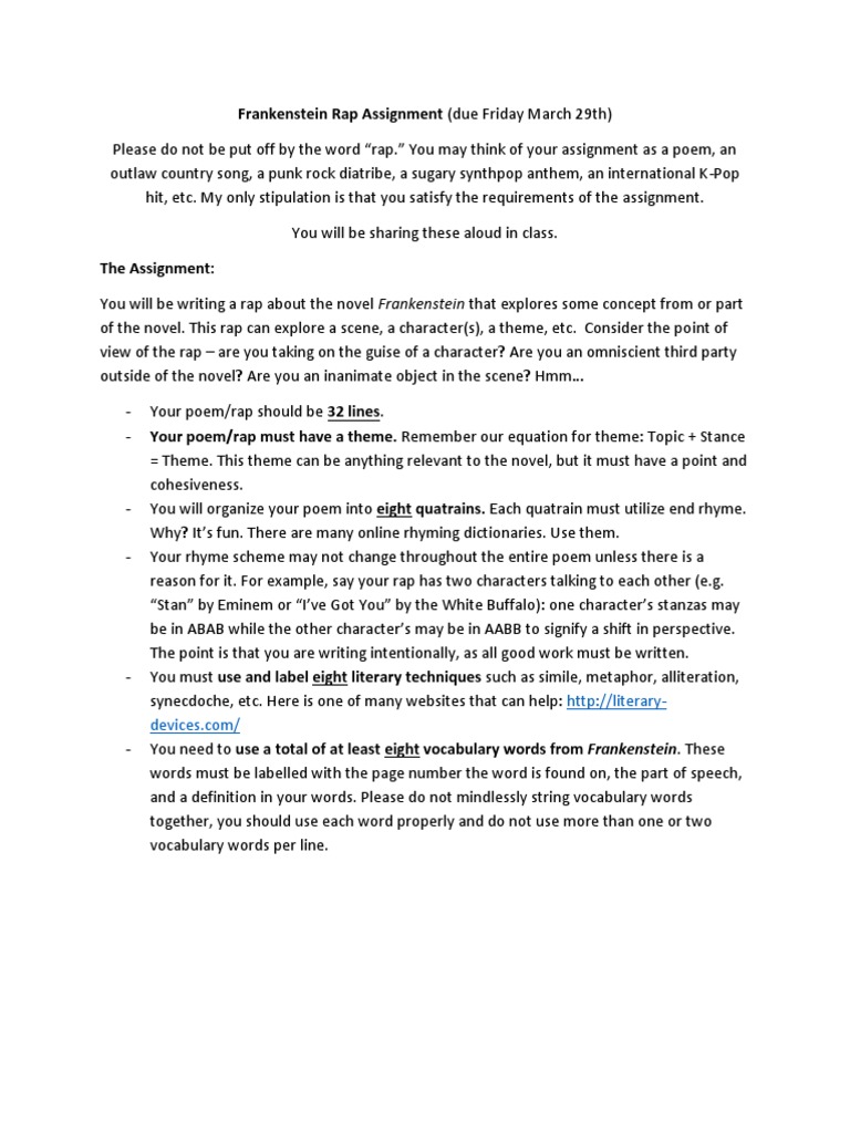 Frankenstein Rap Assignment | PDF | Rapping | Poetry