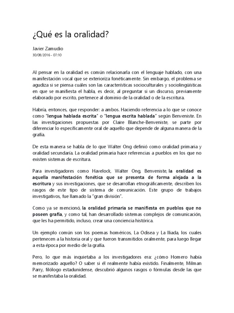 Qué Es La Oralidad | PDF | Homero | Escritura
