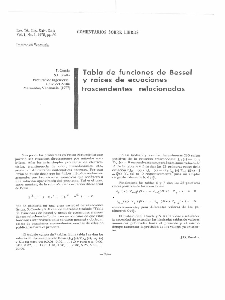 Tabla de Funciones de Bessel y Raíces de Ecuaciones Trascendentes ...
