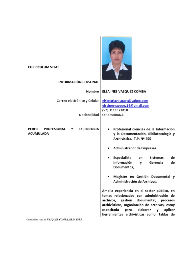 Curriculum Vitae Elsa I. Vasquez C PDF | Descargar gratis PDF | La ciencia de la biblioteca ...