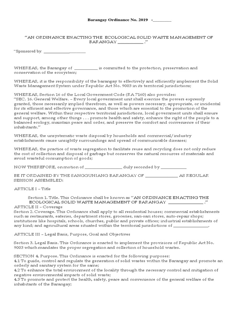 Barangay Ecological Waste Management Ordinance | PDF | Municipal Solid Waste | Waste Management