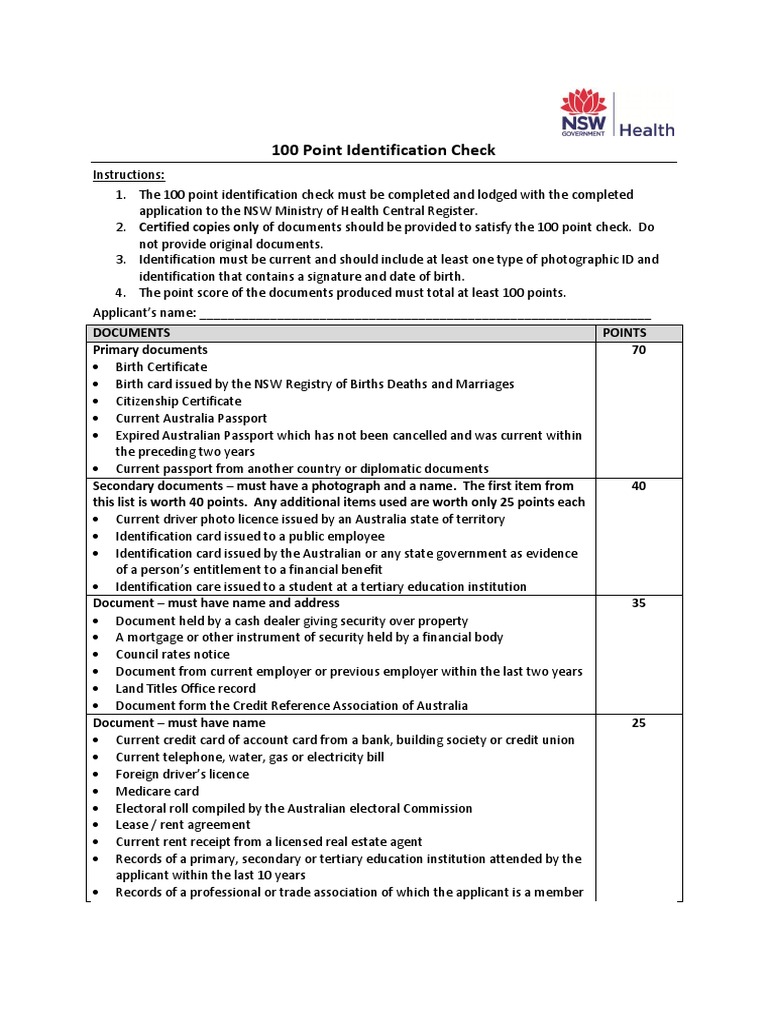 100 Point Id Check | PDF | Identity Document | Government And Personhood