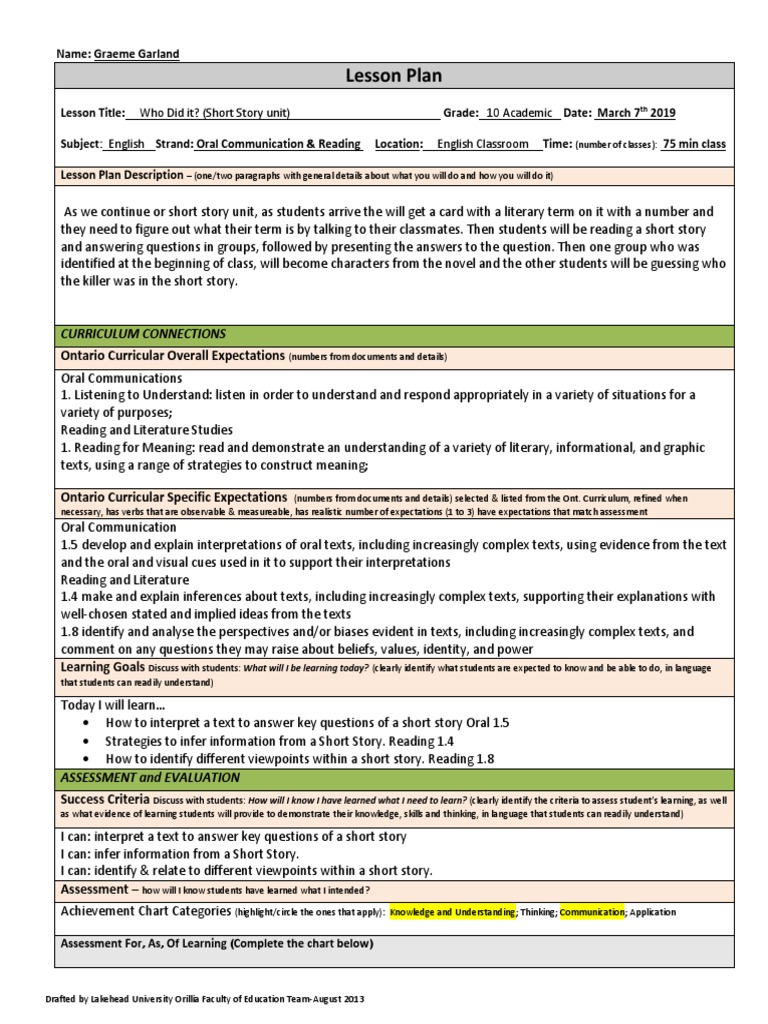 Short Story Lesson Plan | Download Free PDF | Educational Assessment ...