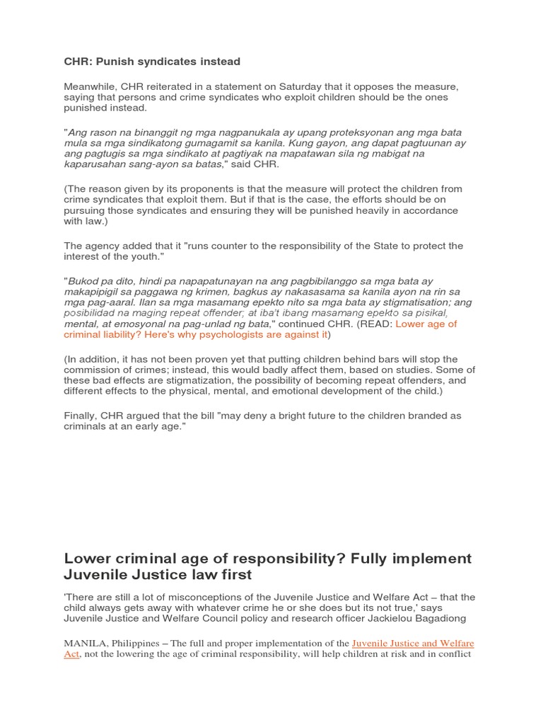 Lower Criminal Age of Responsibility? Fully Implement Juvenile Justice ...
