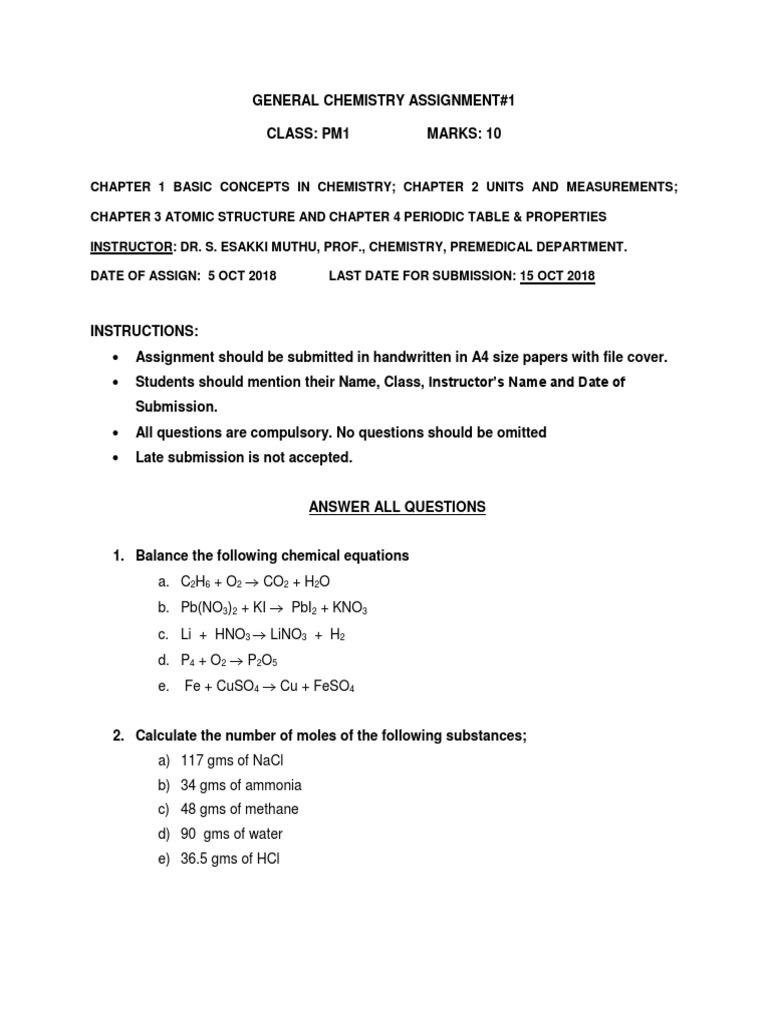 General Chemistry Assignment #1 | PDF | Mole (Unit) | Molecules
