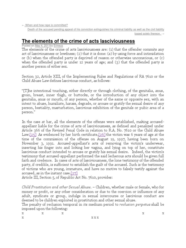 Elements of Acts of Lasciviousness | PDF | Rape | Sexual Abuse