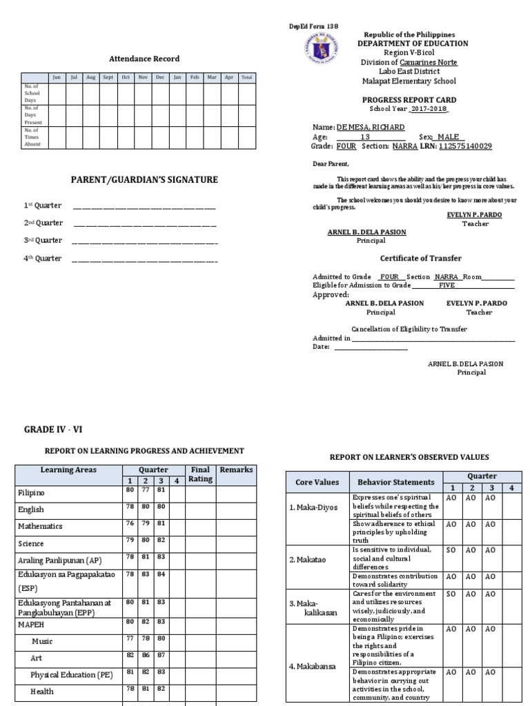 Form 138-REPORT CARD | PDF | Value (Ethics) | Change