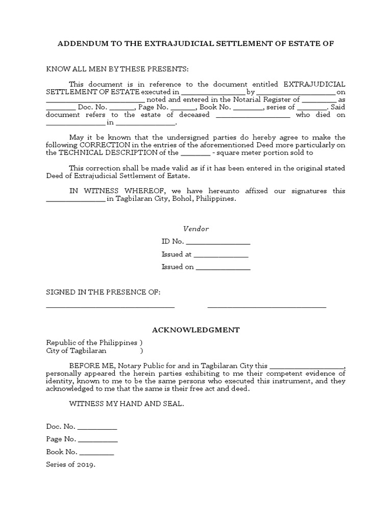 Addendum To The Extrajudicial Settlement of Estate of | PDF