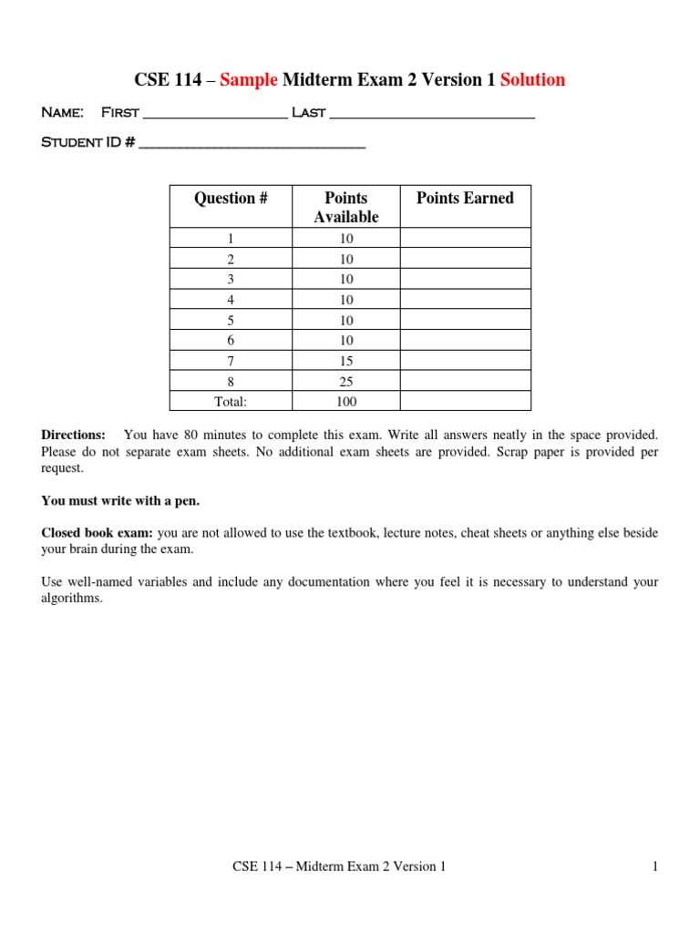 CSE114 Midterm 2 Sample With Solutions | PDF | Constructor (Object Oriented Programming ...