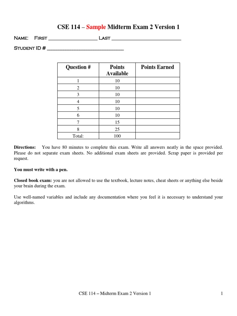 CSE114 Midterm 2 Sample Without Solutions | PDF