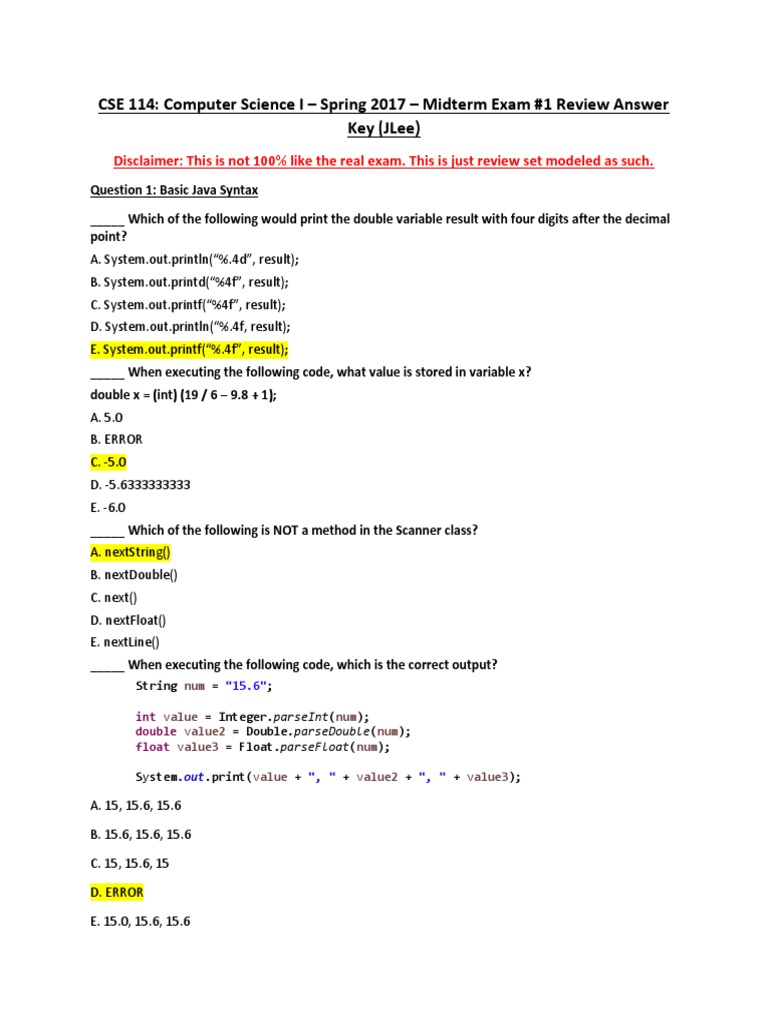 CSE 114 Exam 1 Review Answer Key | PDF | Areas Of Computer Science ...